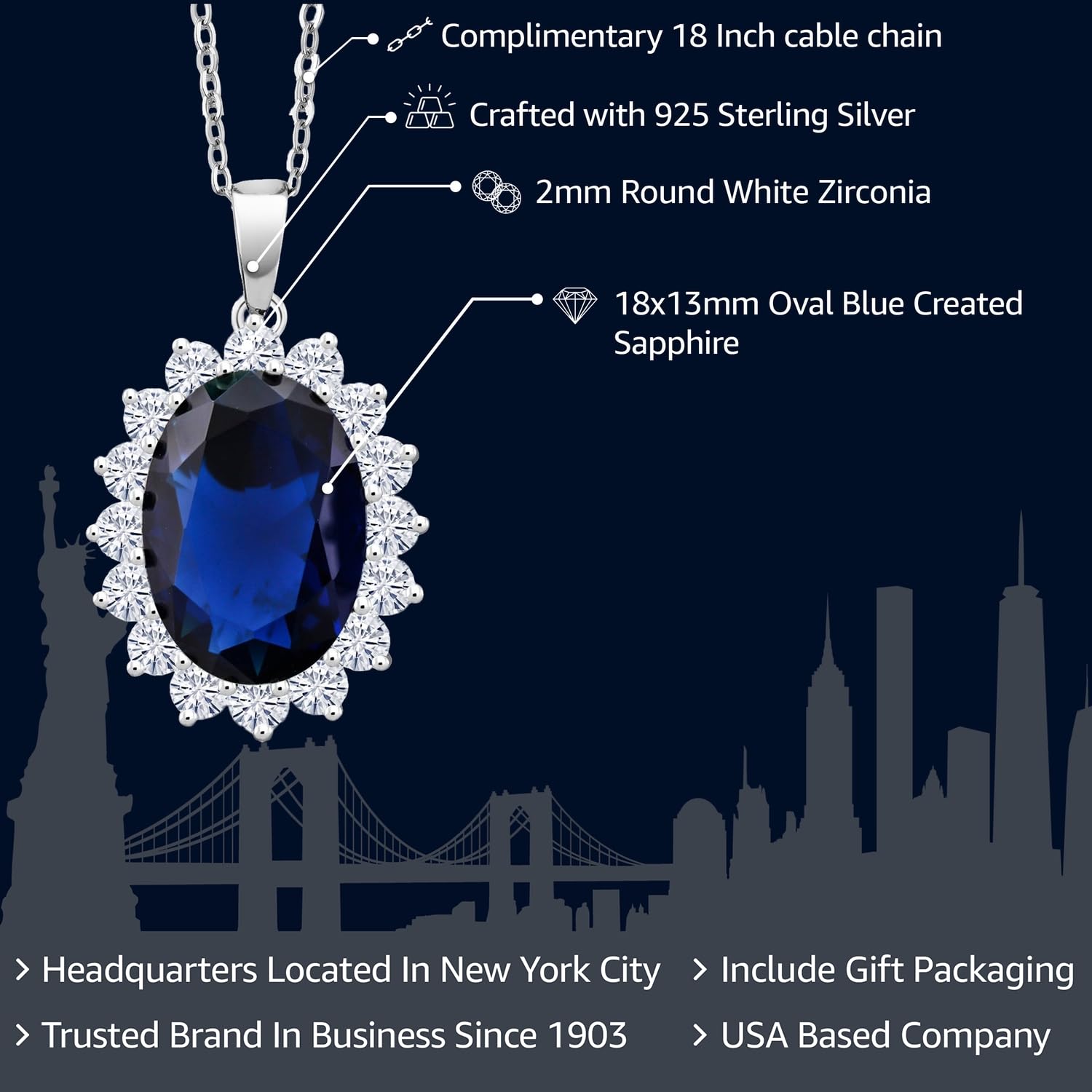 Gem Stone King 13.00 Cttw Blue Simulated Sapphire Pendant Necklace For Women In 925 Sterling Silver | Oval 13X18MM | With 18 Inch Silver Chain