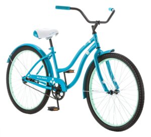 kulana hiku cruiser beach bike, men and women, 26-inch wheels, single-speed, stylish steel step-thru frame, suggested rider height 5'4" to 6'2" tall, teal