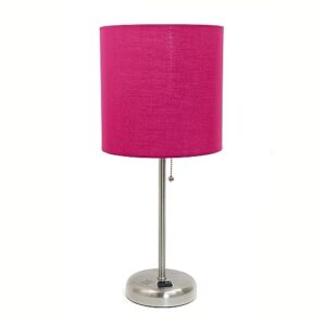 simple designs lt2024-pnk brushed steel stick table desk lamp with charging outlet and drum fabric shade, pink shade