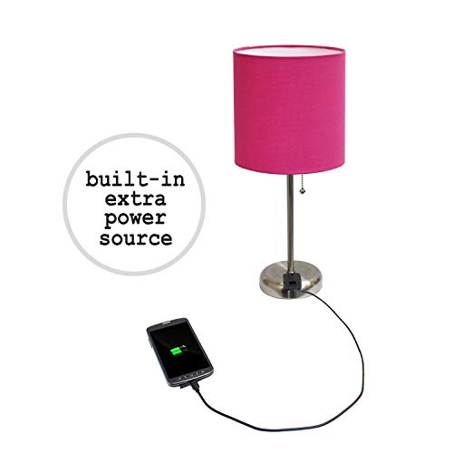 Simple Designs LT2024-PNK Brushed Steel Stick Table Desk Lamp with Charging Outlet and Drum Fabric Shade, Pink Shade