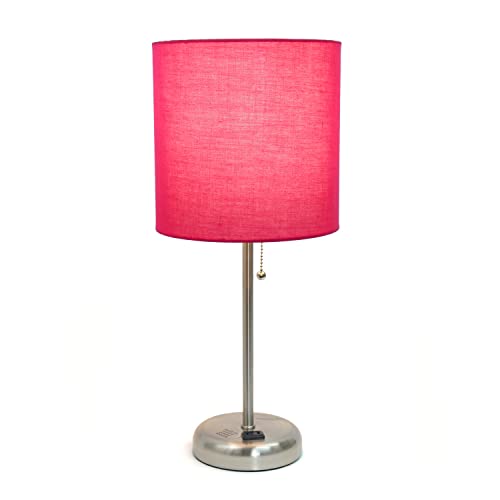 Simple Designs LT2024-PNK Brushed Steel Stick Table Desk Lamp with Charging Outlet and Drum Fabric Shade, Pink Shade