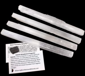 selenite (4) large sticks, approx. 6-8" long wands plus black tourmaline crystal and educational id cards, bulk, reiki, chakra, healing, good luck, and protection