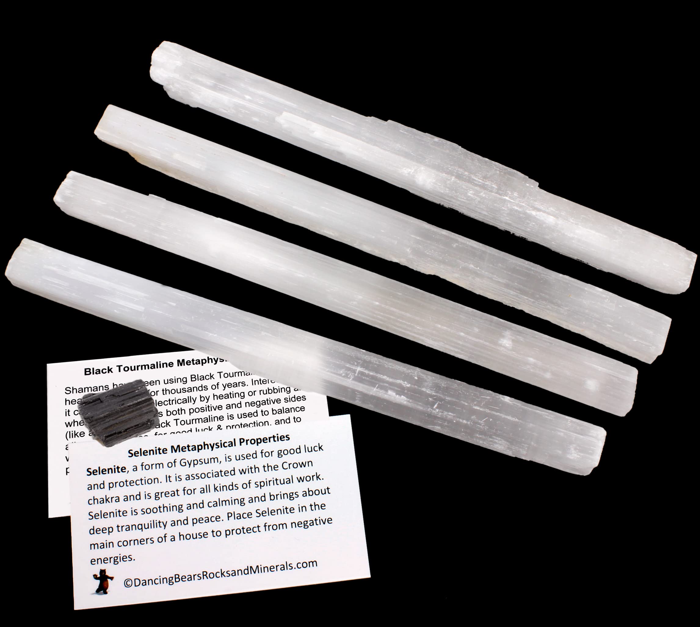 SELENITE (4) Large Sticks, approx. 6-8" long Wands plus Black Tourmaline Crystal and educational ID cards, Bulk, Reiki, Chakra, Healing, Good luck, and Protection