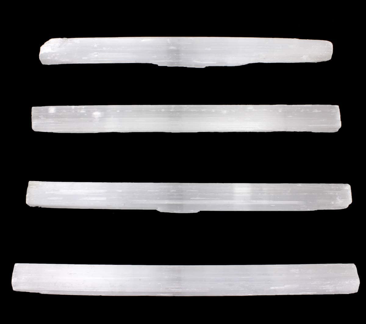 SELENITE (4) Large Sticks, approx. 6-8" long Wands plus Black Tourmaline Crystal and educational ID cards, Bulk, Reiki, Chakra, Healing, Good luck, and Protection