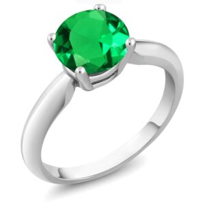 Gem Stone King 925 Sterling Silver Green Simulated Emerald Solitaire Engagement Ring For Women (1.65 Cttw, Round 8MM, Available in size 5, 6, 7, 8, 9)