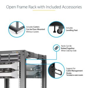 StarTech.com 4-Post 12U Mobile Open Frame Server Rack, 19in Network Rack with Wheels, Rolling Rack for Computer/AV/Data/IT Equipment - Casters, Leveling Feet or Floor Mounting (4POSTRACK12U)