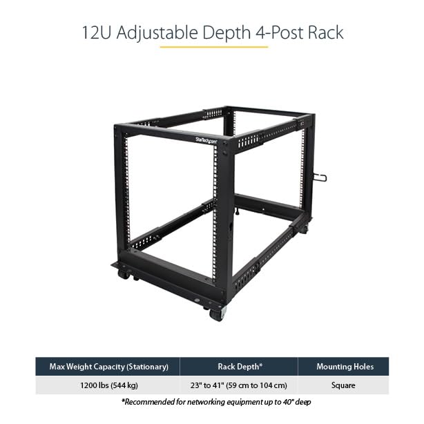 StarTech.com 4-Post 12U Mobile Open Frame Server Rack, 19in Network Rack with Wheels, Rolling Rack for Computer/AV/Data/IT Equipment - Casters, Leveling Feet or Floor Mounting (4POSTRACK12U)