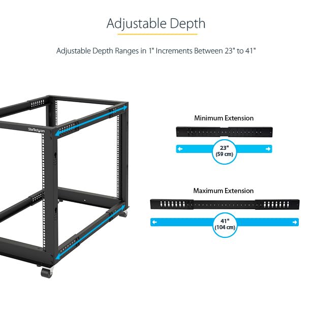 StarTech.com 4-Post 12U Mobile Open Frame Server Rack, 19in Network Rack with Wheels, Rolling Rack for Computer/AV/Data/IT Equipment - Casters, Leveling Feet or Floor Mounting (4POSTRACK12U)