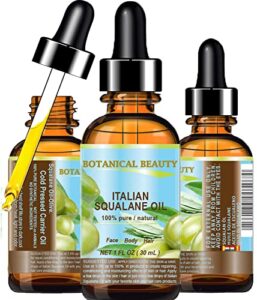 botanical beauty squalane italian olive. 100% pure natural undiluted oil. 1 fl.oz- 30ml. 100% ultra-pure moisturizer for face, skin, body, hair. reliable 24/7 skincare protection