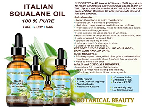 Botanical Beauty SQUALANE Italian Olive. 100% Pure Natural Undiluted Oil. 1 fl.oz- 30ml. 100% Ultra-Pure Moisturizer for Face, Skin, Body, Hair. Reliable 24/7 Skincare Protection