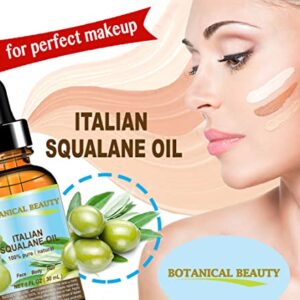 Botanical Beauty SQUALANE Italian Olive. 100% Pure Natural Undiluted Oil. 1 fl.oz- 30ml. 100% Ultra-Pure Moisturizer for Face, Skin, Body, Hair. Reliable 24/7 Skincare Protection