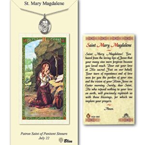 bonyak jewelry pewter st. mary magdalene medal on an 18 inch lite curb chain with a prayer to st mary magdalene prayer card.