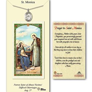 pewter st. monica medal on an 18 inch lite curb chain with a prayer to st monica prayer card.