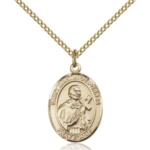 gold filled st. martin de porres pendant 3/4 x 1/2 inches with gold filled lite curb chain