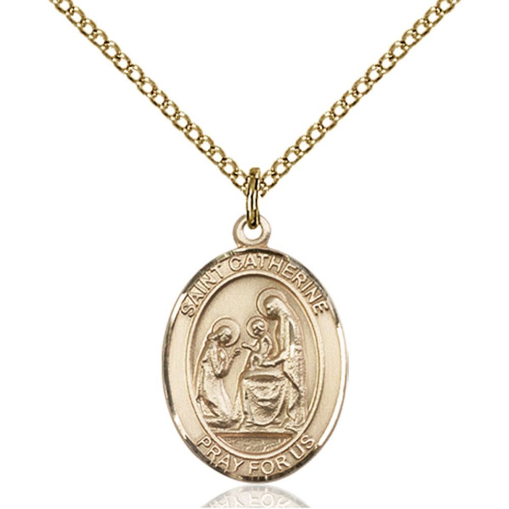 Bonyak Jewelry Saint Medal Collection Gold Filled St. Catherine of Siena Pendant 3/4 x 1/2 inches with Gold Filled Lite Curb Chain