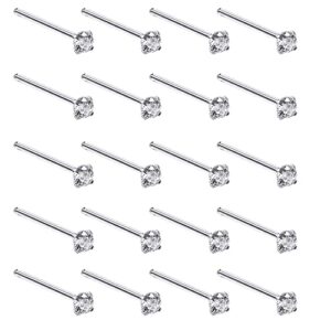 silver set of 20 round clear simulated diamond nose stud box 1.5 mm straight