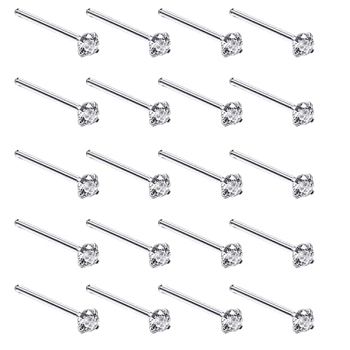 Silver Set of 20 Round Clear Simulated Diamond Nose Stud Box 1.5 mm Straight