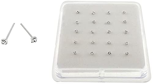 Silver Set of 20 Round Clear Simulated Diamond Nose Stud Box 1.5 mm Straight