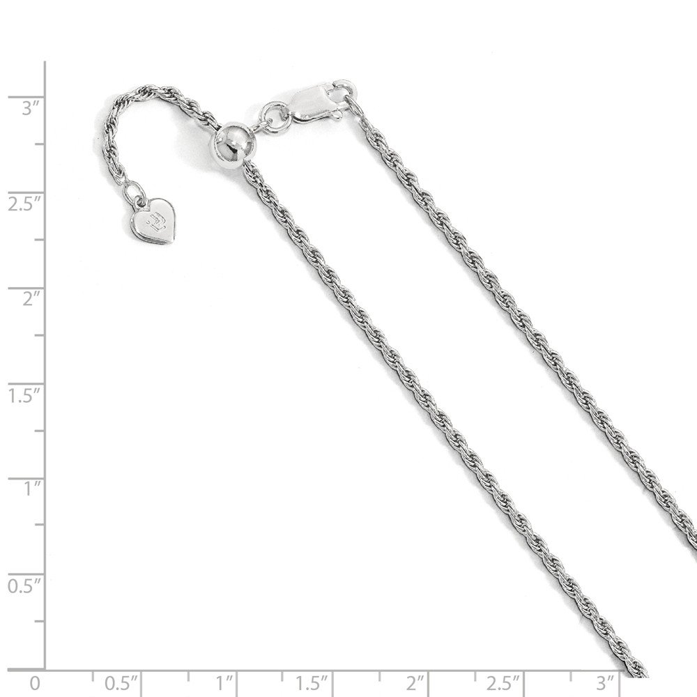 The Black Bow 2.25mm Rhodium Plated Sterling Silver Adjustable Solid Diamond Cut Rope Chain Necklace, 30in