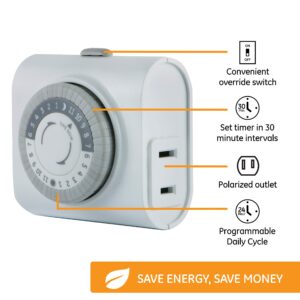 GE 24-Hour Indoor Basic Outlet Timer, 1 Polarized Timer Outlet, Plug In Timer, Daily On/Off Cycle, 30 Minute Interval, for Lamps, Seasonal Appliances, & Portable Fans, Light Timer, 15119