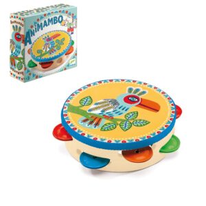 djeco animambo tambourine music instrument - colorful toucan design toddler educational musical toy for listening, creativity, motor skills & coordination - baby toys for girls & boys, 18 months+