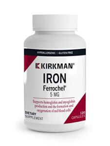 kirkman - iron ferrochel 5mg - 120 capsules - aids hemoglobin & myoglobin production - supports red blood cells formation - hypoallergenic