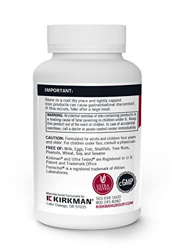 Kirkman - Iron Ferrochel 5mg - 120 capsules - Aids Hemoglobin & Myoglobin Production - Supports Red Blood Cells Formation - Hypoallergenic