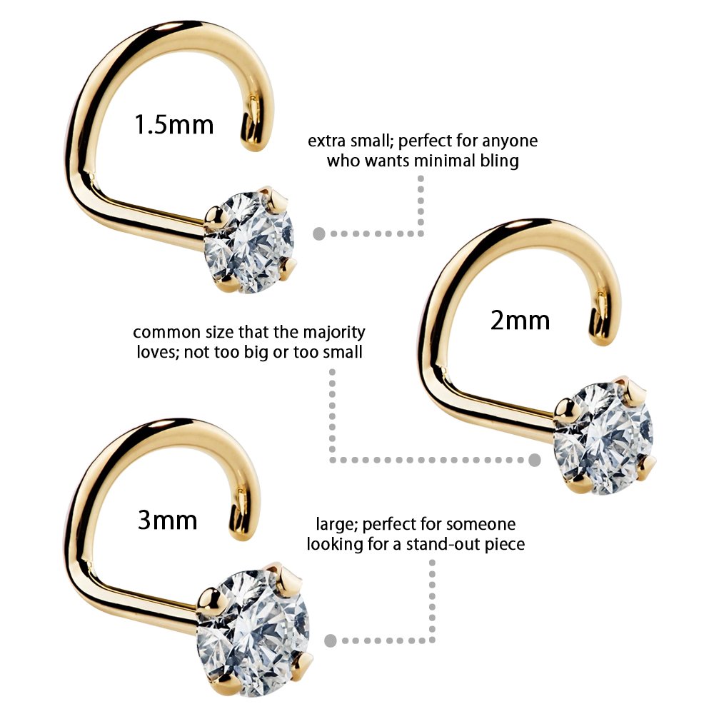 FreshTrends 3mm Cubic Zirconia 14K Yellow Gold Nose Ring Twist Screw - 20G