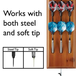 Viper Dart Caddy Solid Wood Wall Mounted Dart Holder / Stand, Displays 4 Sets of Steel or Soft Tip Darts, for all Sisal & Electronic Dartboards, Surrounds & Cabinets, Cinnamon Finish