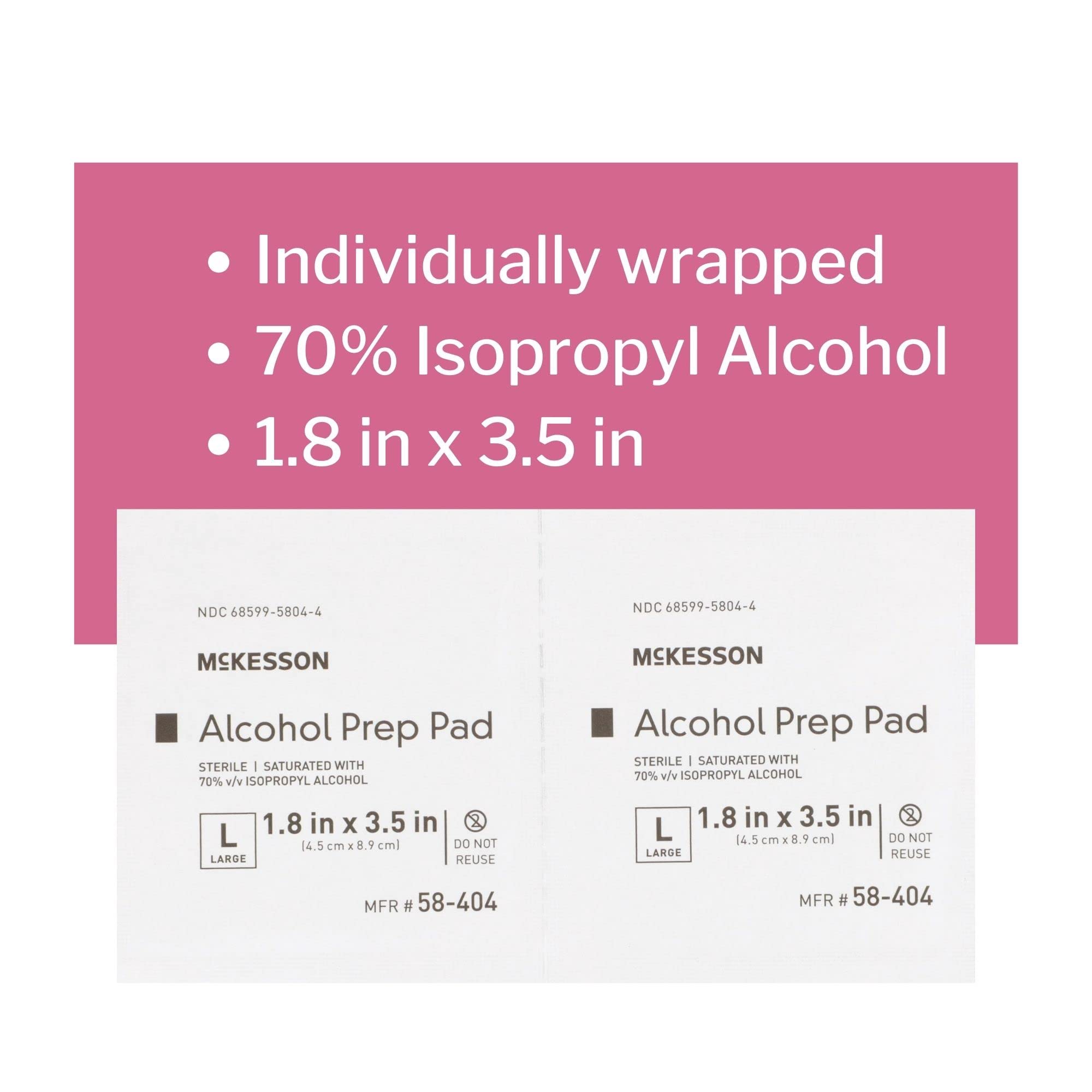 Alcohol Prep Pad, McKesson, Isopropyl Alcohol 70%, Individual Packet, Large, 3.5 X 1.7 Inch, Sterile, 100 Ct. Box, Case of 10 Boxes = 1000 Pads