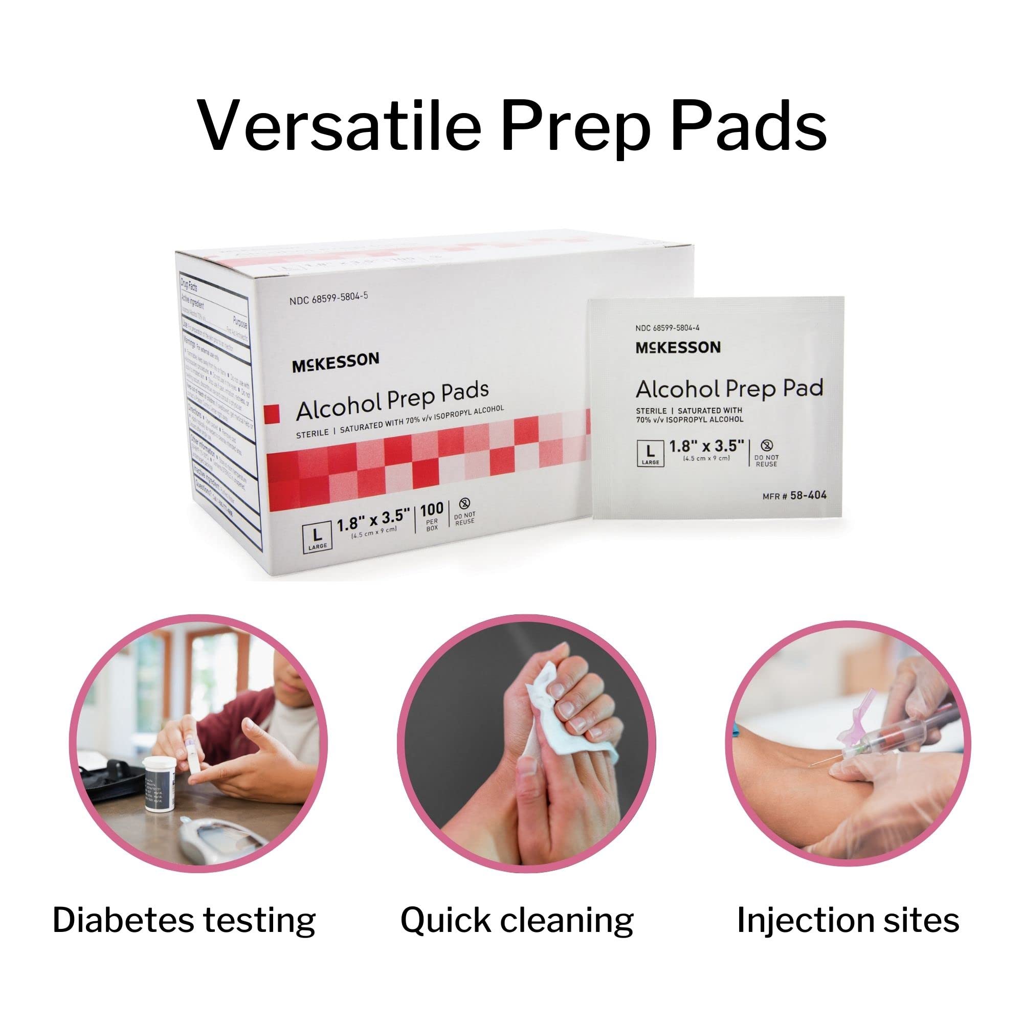 Alcohol Prep Pad, McKesson, Isopropyl Alcohol 70%, Individual Packet, Large, 3.5 X 1.7 Inch, Sterile, 100 Ct. Box, Case of 10 Boxes = 1000 Pads