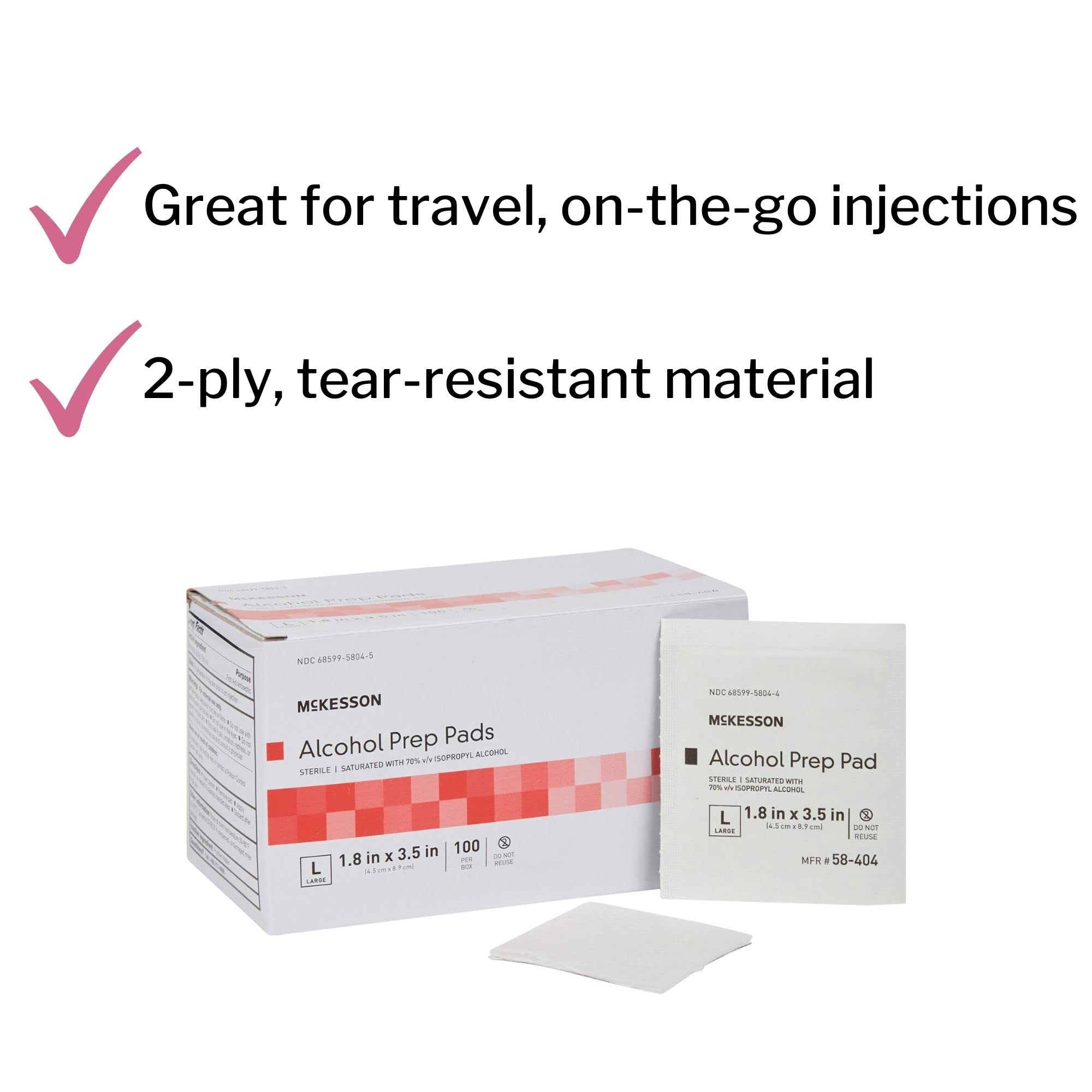 Alcohol Prep Pad, McKesson, Isopropyl Alcohol 70%, Individual Packet, Large, 3.5 X 1.7 Inch, Sterile, 100 Ct. Box, Case of 10 Boxes = 1000 Pads