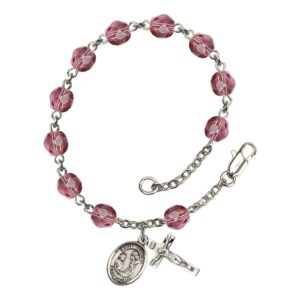 st. cecilia silver plate rosary bracelet 6mm february purple fire polished beads crucifix size 5/8 x 1/4 medal charm