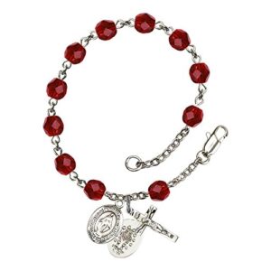 miraculous silver plate rosary bracelet 6mm july red fire polished beads crucifix size 5/8 x 1/4 medal charm