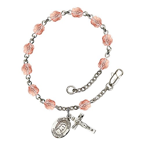 St. Elizabeth of Hungary Silver Plate Rosary Bracelet 6mm October Pink Fire Polished Beads Crucifix Size 5/8 x 1/4 medal