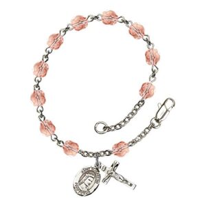 st. elizabeth of hungary silver plate rosary bracelet 6mm october pink fire polished beads crucifix size 5/8 x 1/4 medal