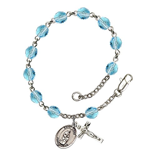 St. Anne Silver Plate Rosary Bracelet 6mm March Light Blue Fire Polished Beads Crucifix Size 5/8 x 1/4 medal charm