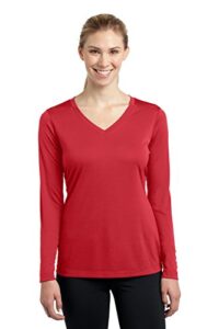 sport-tek women's long sleeve v neck posicharge competitor tee xl true red