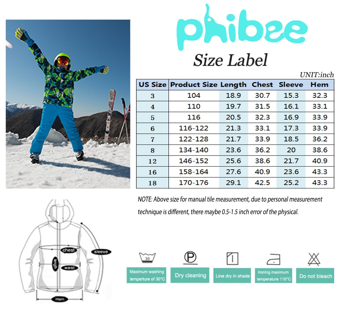 PHIBEE Big Boy's Waterproof Breathable Snowboard Ski Jacket Size 16