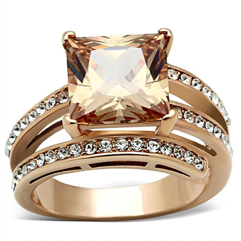 Marimor Jewelry Women's Stainless Steel Rose Gold Princess Cut Champagne Zirconia Cocktail Ring Size 9