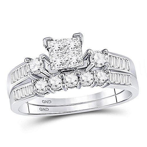 Size 10 - 10K White Gold Princess Cut, Round & Baguette Diamond Bridal Engagement Ring & Matching Wedding Band Two Piece Set - Invisible Set Square Princess Center Setting Shape with Channel Set Side Stones (.90 cttw.)