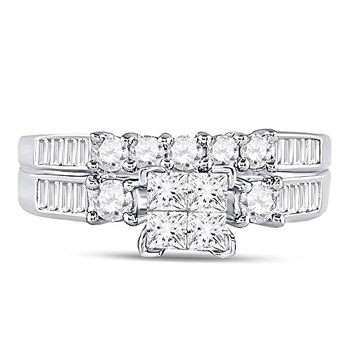 Size 10 - 10K White Gold Princess Cut, Round & Baguette Diamond Bridal Engagement Ring & Matching Wedding Band Two Piece Set - Invisible Set Square Princess Center Setting Shape with Channel Set Side Stones (.90 cttw.)