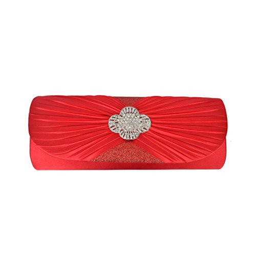 Elegant Cross Pleated Satin Flap Crystal Clutch Evening Bag, Burgundy