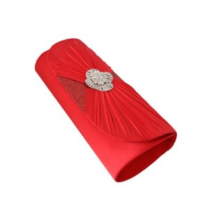 Elegant Cross Pleated Satin Flap Crystal Clutch Evening Bag, Burgundy