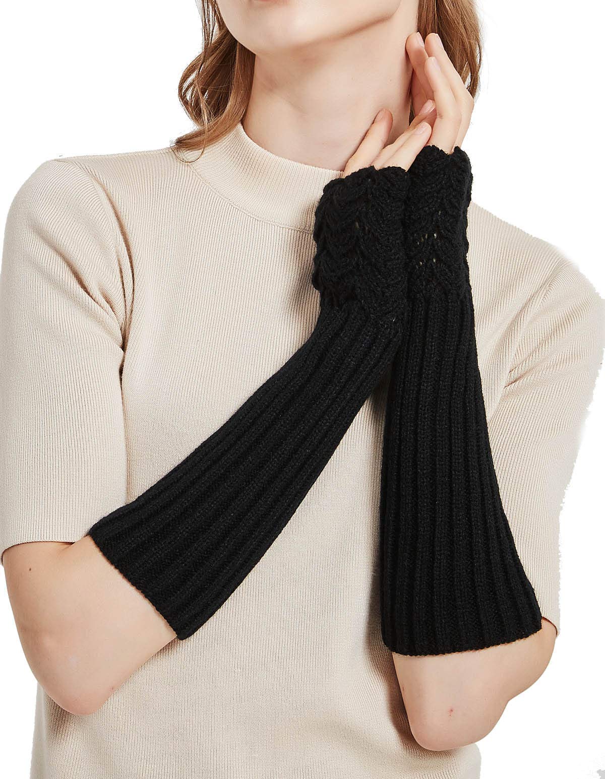 Novawo Women Fashion Arm Warmers Long Fingerless Gloves Winter Warm Knitted Gloves