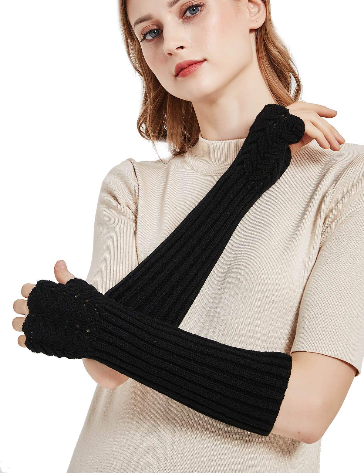 Novawo Women Fashion Arm Warmers Long Fingerless Gloves Winter Warm Knitted Gloves