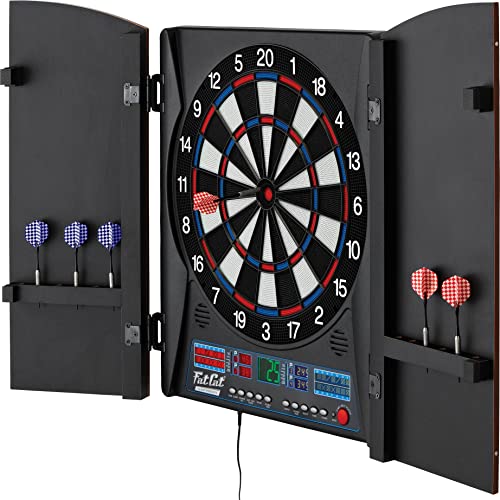 Fat Cat Electronx Electronic Dartboard Compact Size Over 35 Games with 167 Options Built-In Cabinet and Dart Storage for up to 12 Darts Auto Scoring LCD Display 8-Player Multiplayer and Soft Tip Darts