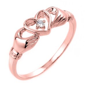 10k rose gold diamond accent solitaire open heart claddagh ring (j-k color, i1-i2 clarity)- size 5-1/2