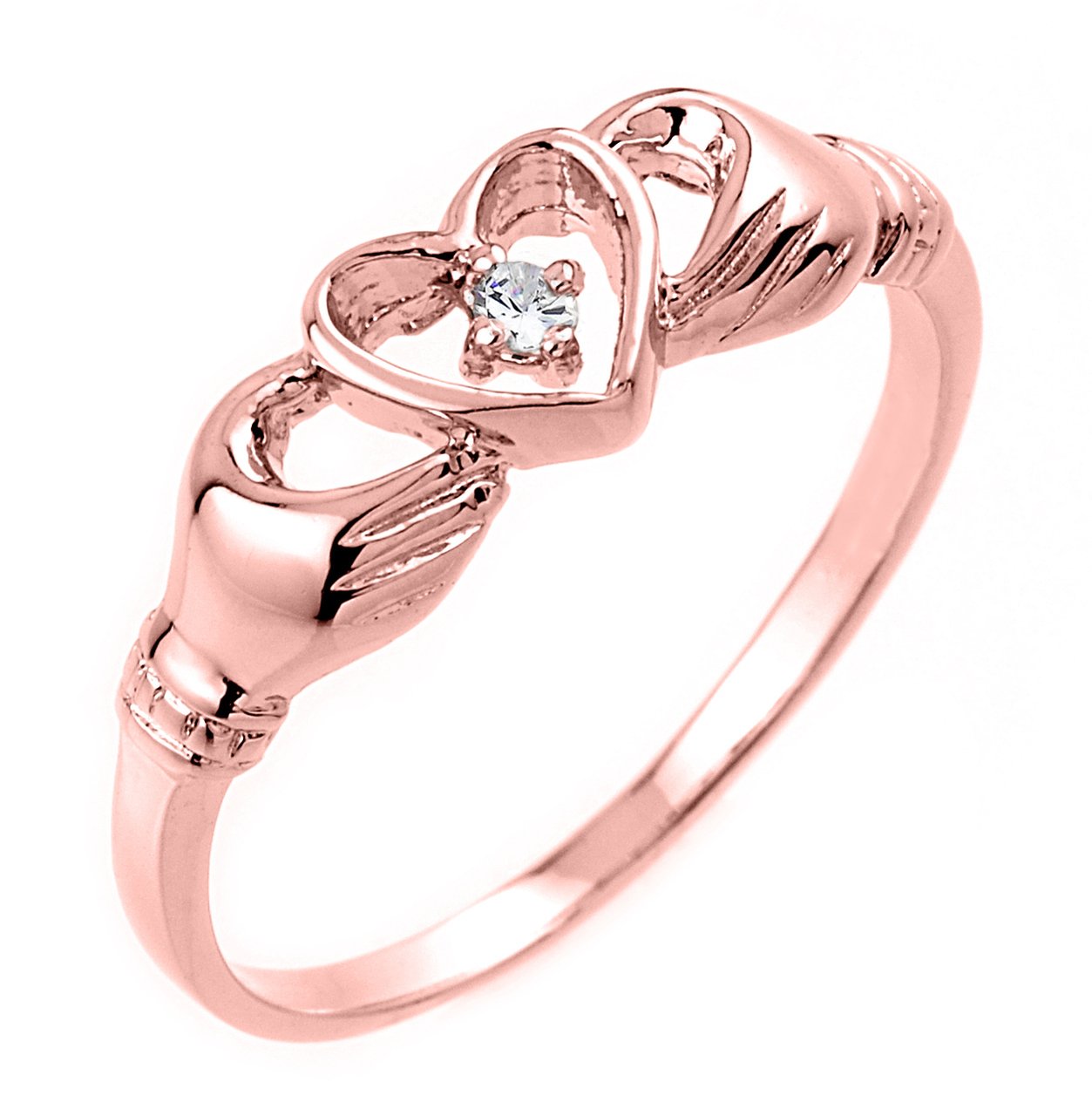 10k Rose Gold Diamond Accent Solitaire Open Heart Claddagh Ring (J-K Color, I1-I2 Clarity)- Size 5-1/2