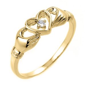 14k yellow gold diamond accent solitaire open heart claddagh ring (j-k color, i1-i2 clarity)- size 5